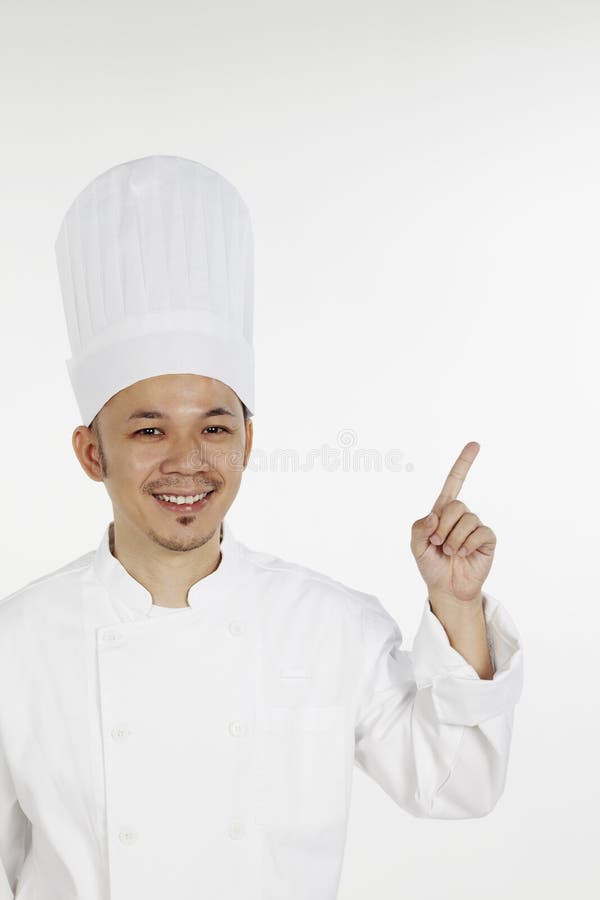 Chef Gesturing with Hand Pointing at Free Space, White Background Stock ...
