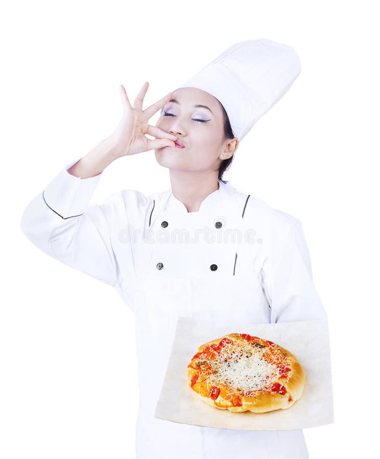 Delicious Pizza Hold by Chef on Kitchen Stock Photo - Image of meal ...
