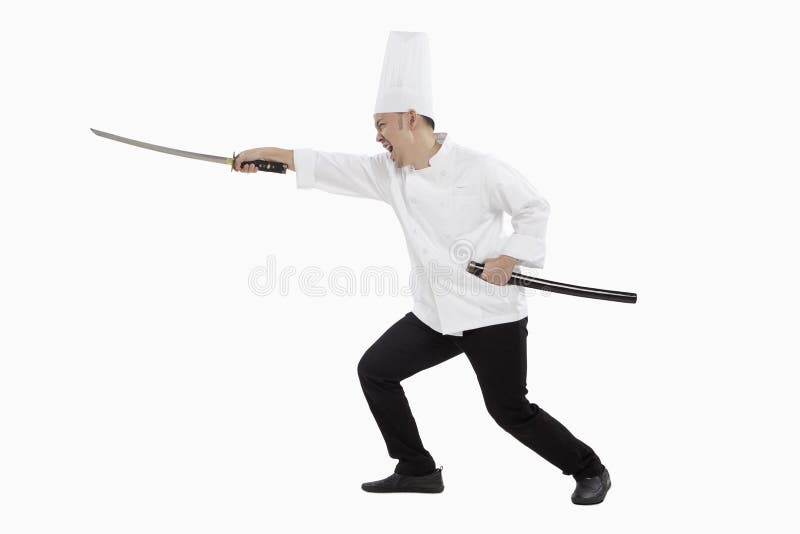 Asian Chef with a Samurai Sword. Conceptual Image Stock Photo - Image ...