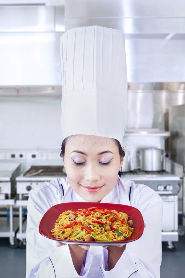 Asian Chef and Fried Noodle in Kitchen Stock Photo - Image of happiness ...