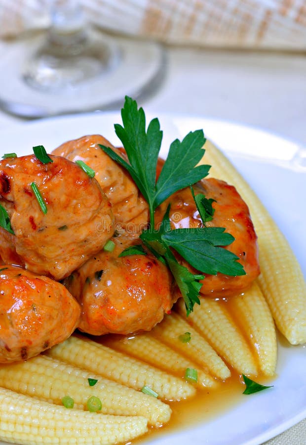 Asian Chicken Meatball Over Baby Corn Stock Photo - Image of green ...