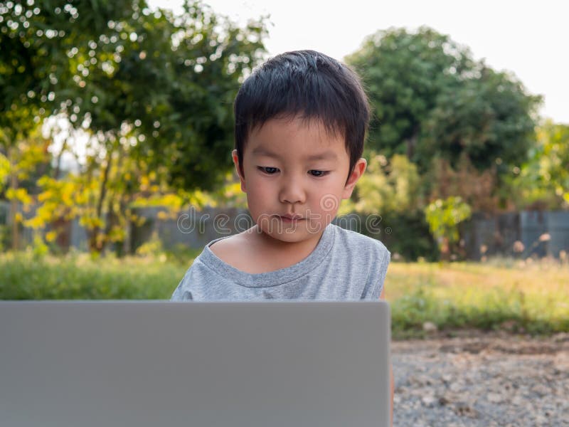 Asian Child Boy Using Notebook or Laptop in Rural Nature Background ...