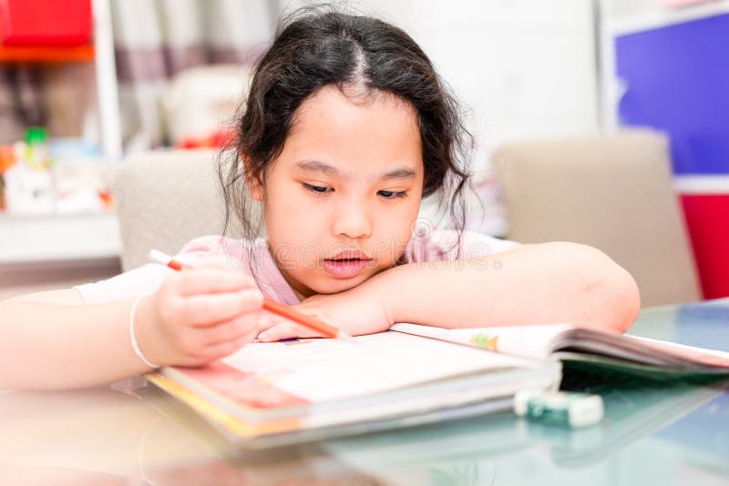 Asian Child Sit and Writing Book on Table in Room House Stock Image ...