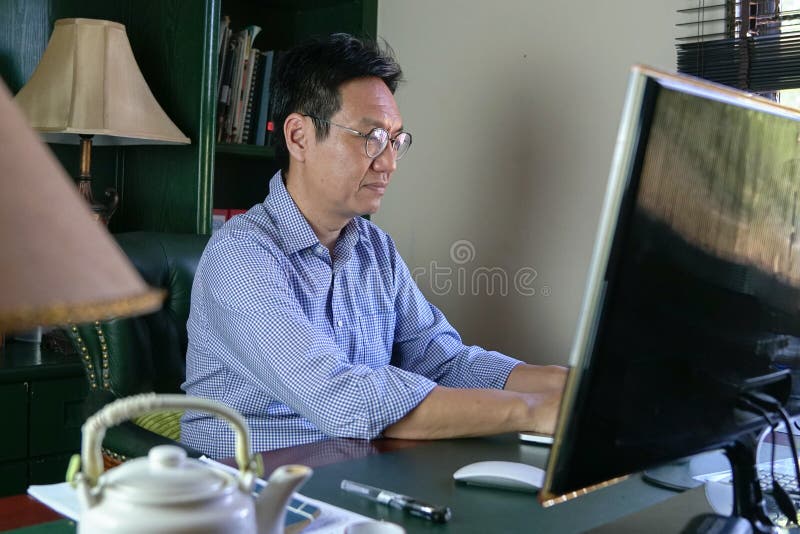Asian Chinese Businessman on the Computer, Work from Home Stock Image ...