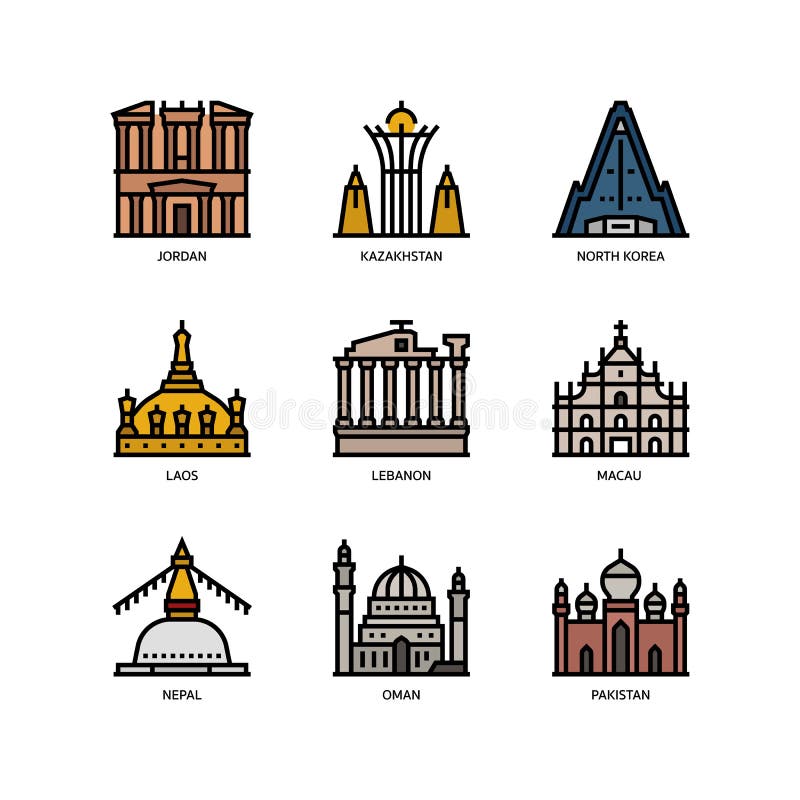 Asian Cities and Counties Landmarks Icons Set Stock Vector ...