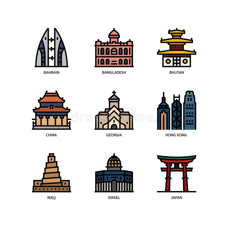 Asian Cities and Counties Landmarks Icons Set Stock Vector ...