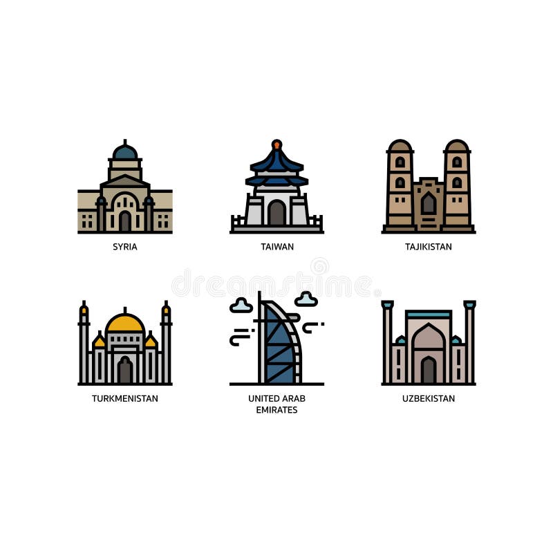 Asian Cities and Counties Landmarks Icons Set Stock Vector ...