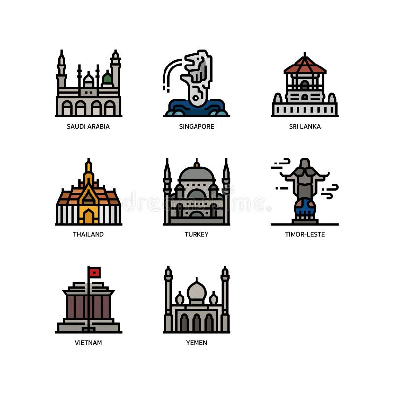 Asian Cities and Counties Landmarks Icons Set Stock Vector ...