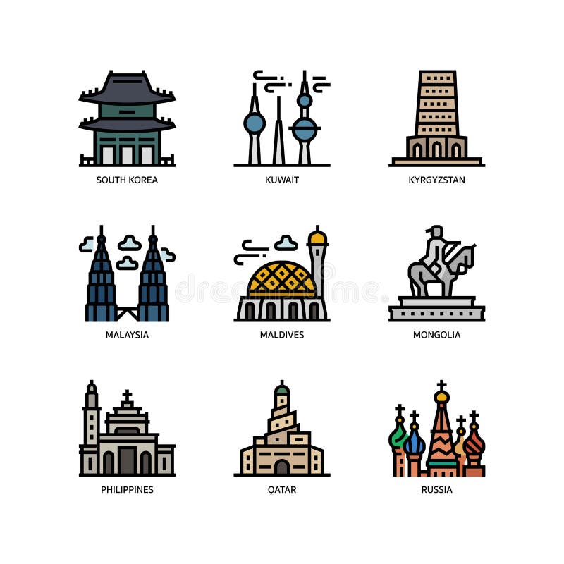 Asian Cities and Counties Landmarks Icons Set Stock Vector ...