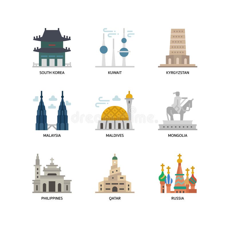Asian Cities and Counties Landmarks Icons Set Stock Vector ...