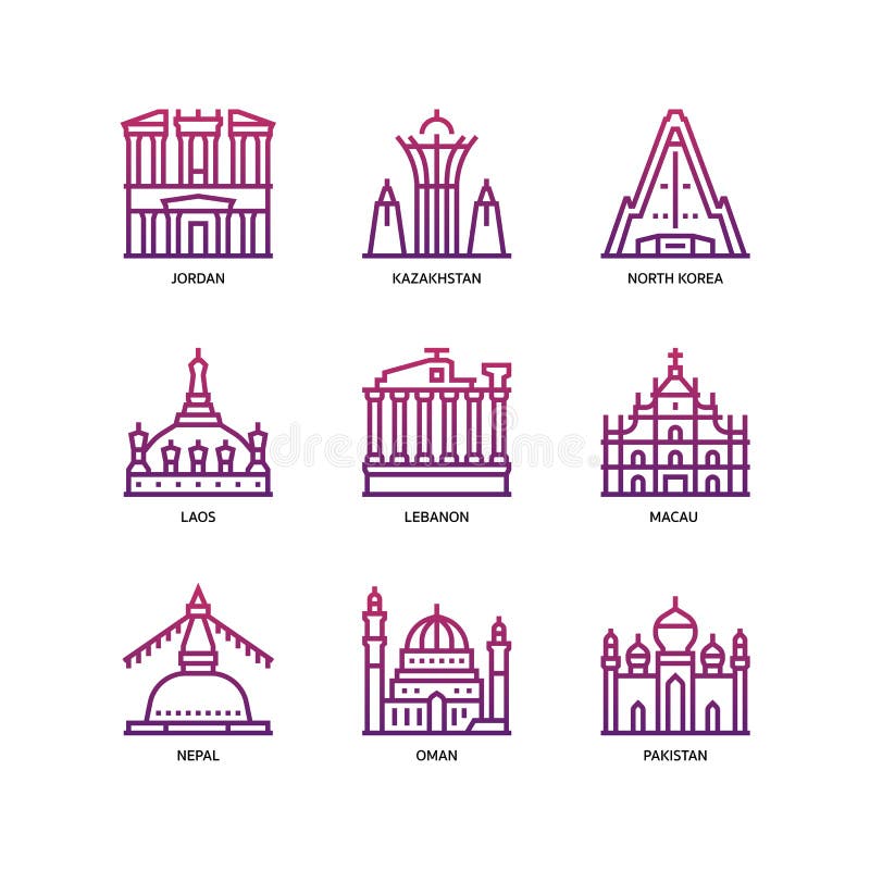 Asian Cities and Counties Landmarks Icons Set Stock Vector ...