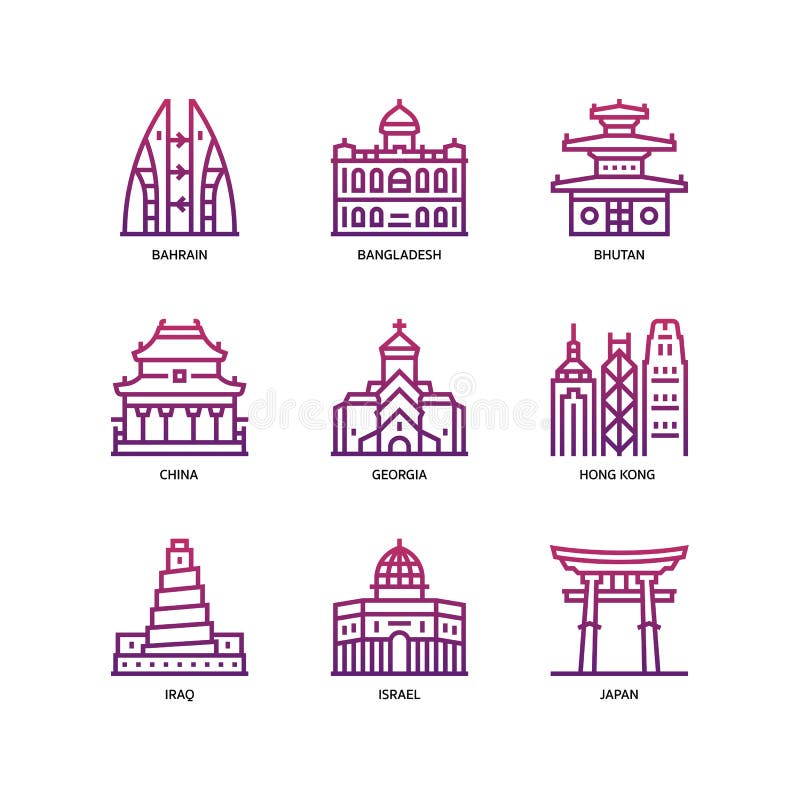Asian Cities and Counties Landmarks Icons Set Stock Vector ...
