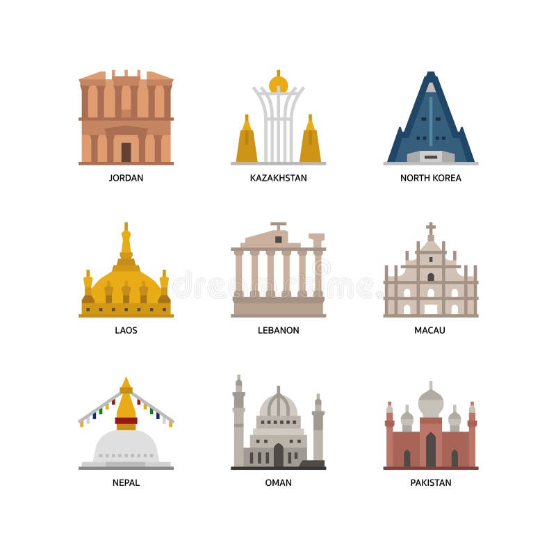 Asian Cities and Counties Landmarks Icons Set Stock Vector ...