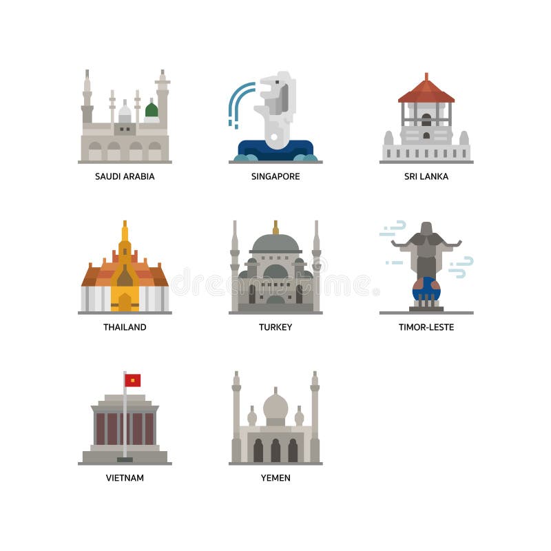 Asian Cities and Counties Landmarks Icons Set Stock Vector ...