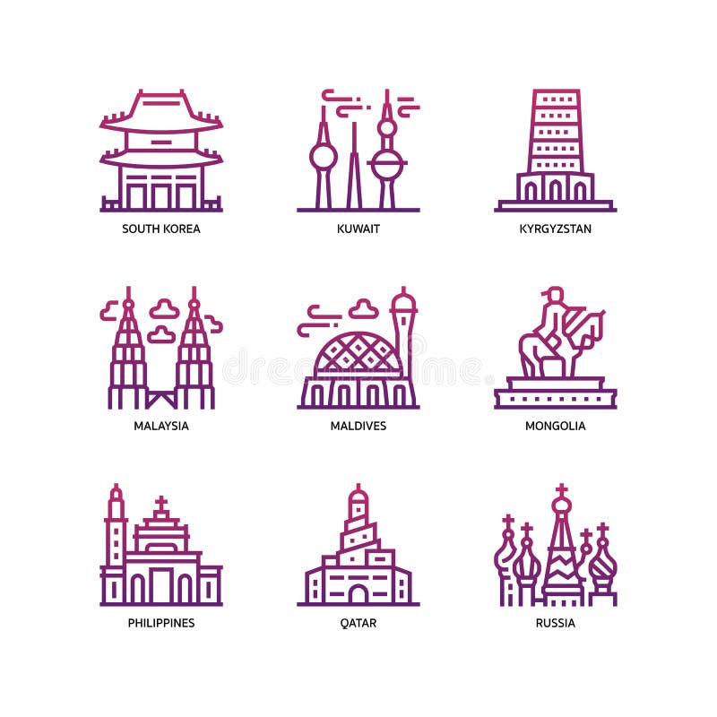 Asian Cities and Counties Landmarks Icons Set Stock Vector ...