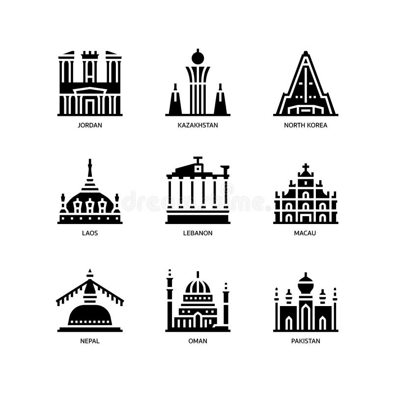 Asian Cities and Counties Landmarks Icons Set Stock Vector ...