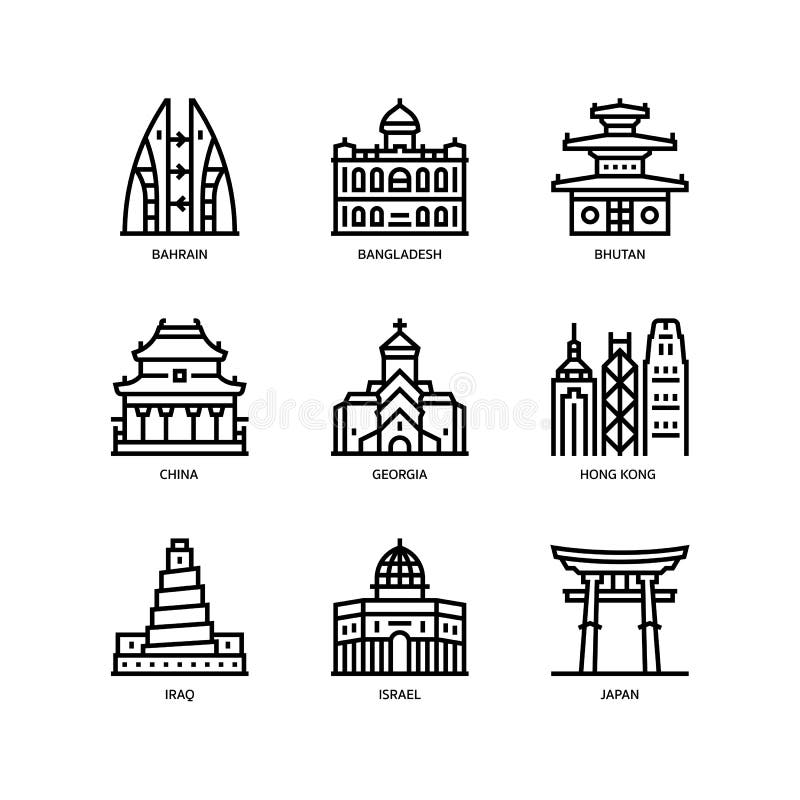 Asian Cities and Counties Landmarks Icons Set Stock Vector ...