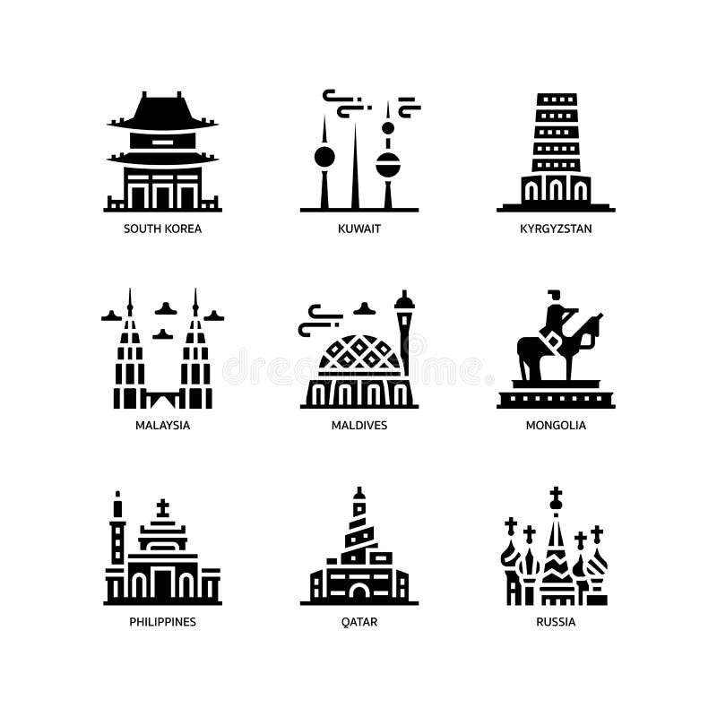 Asian Cities and Counties Landmarks Icons Set Stock Vector ...