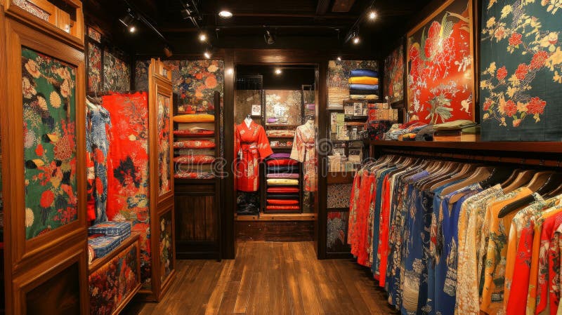 Asian Clothing Boutique Interior with Traditional Patterns and Fabrics ...