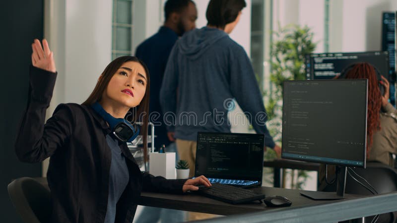 Asian Coder Turning Head To Work With Holographic Server Code Stock Image Image Of Augmented