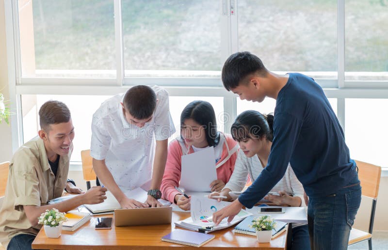 Asian College Groups of Students Using Laptop, Tablet, Studying Stock ...