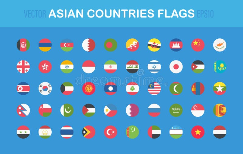 Asian Countries Flags Round Web Buttons in Flat. Vector EPS 10 Stock ...