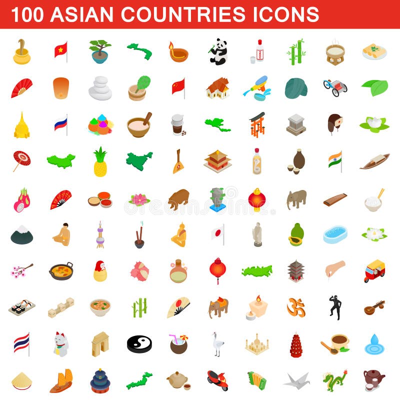 100 Asian Countries Icons Set, Isometric 3d Style Stock Vector ...