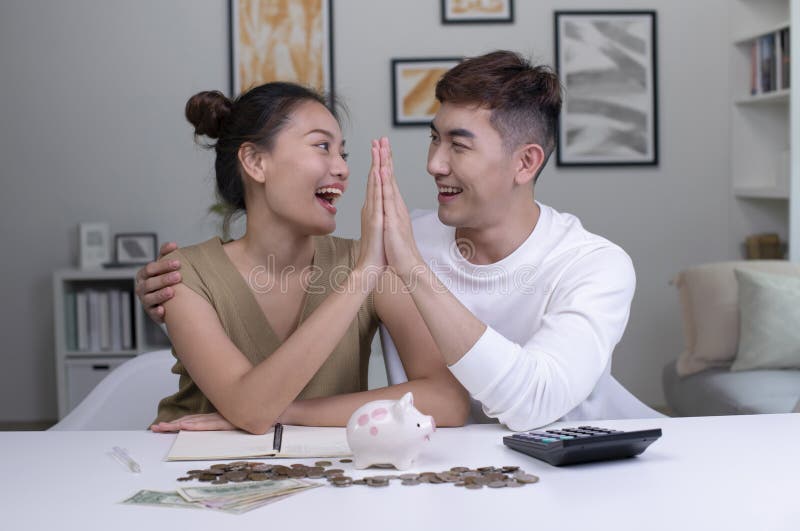 Asian Couples Save Money for Future Security. Lovers Raise Their Hands ...