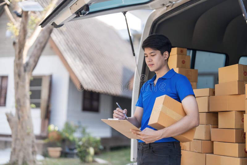 Asian Courier with Parcel and Delivery Logistic Concept. Delivery Man ...