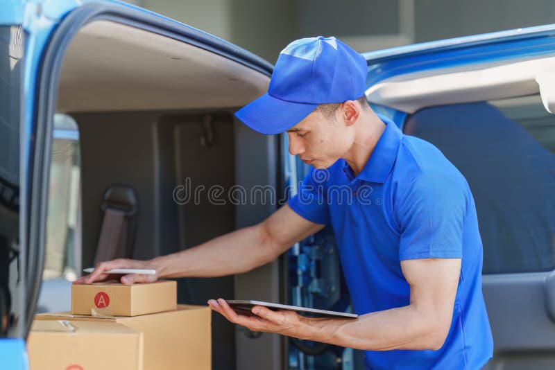 Asian Courier with Parcel and Delivery Logistic Concept. Delivery Man ...