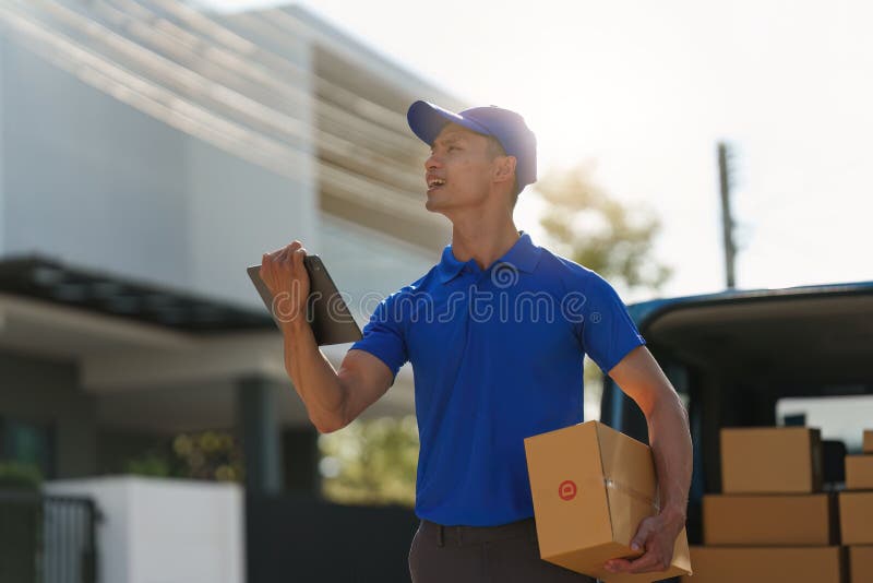 Asian Courier with Parcel and Delivery Logistic Concept. Delivery Man ...