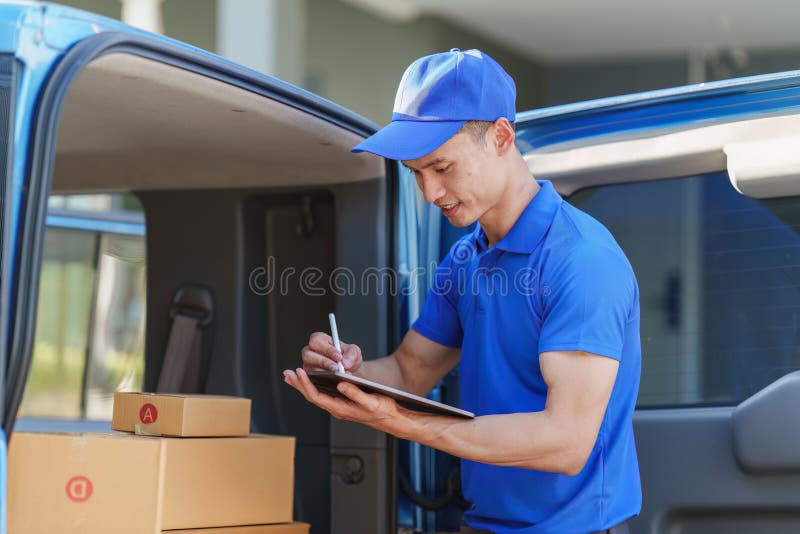 Asian Courier with Parcel and Delivery Logistic Concept. Delivery Man ...