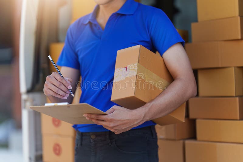 Asian Courier with Parcel and Delivery Logistic Concept. Delivery Man ...