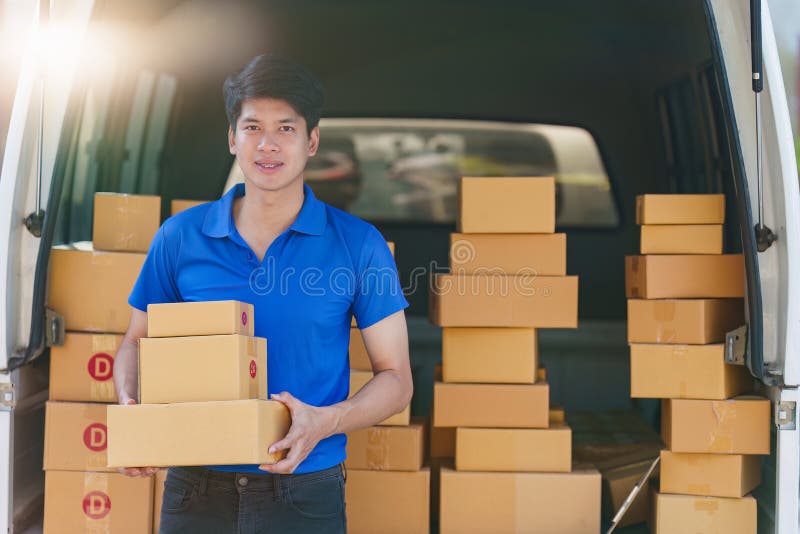 Asian Courier with Parcel and Delivery Logistic Concept. Delivery Man ...