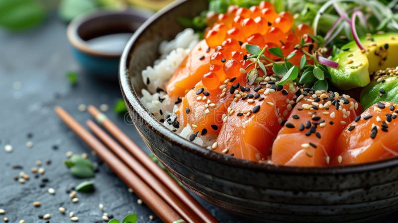 Asian Cuisine Bowl of Rice with Red Fish Stock Illustration ...