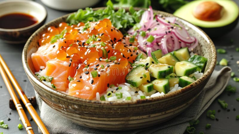 Asian Cuisine Bowl of Rice with Red Fish Stock Illustration ...