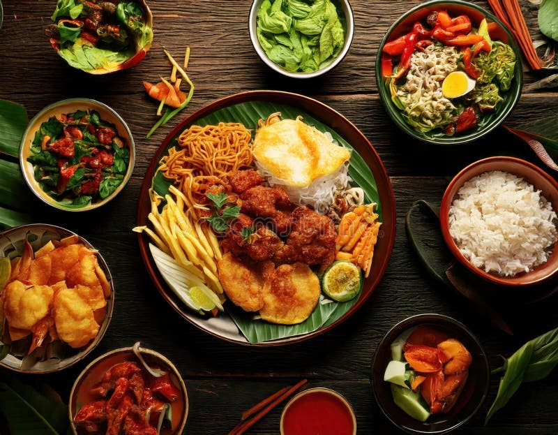 Asian Cuisine and Food in Plates in a Table Top View Stock Illustration ...