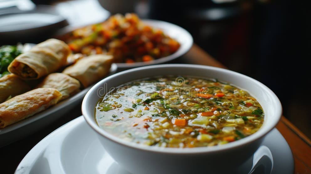 Asian Cuisine: Vegetable Soup, Fried Rice, and Spring Rolls on Display ...