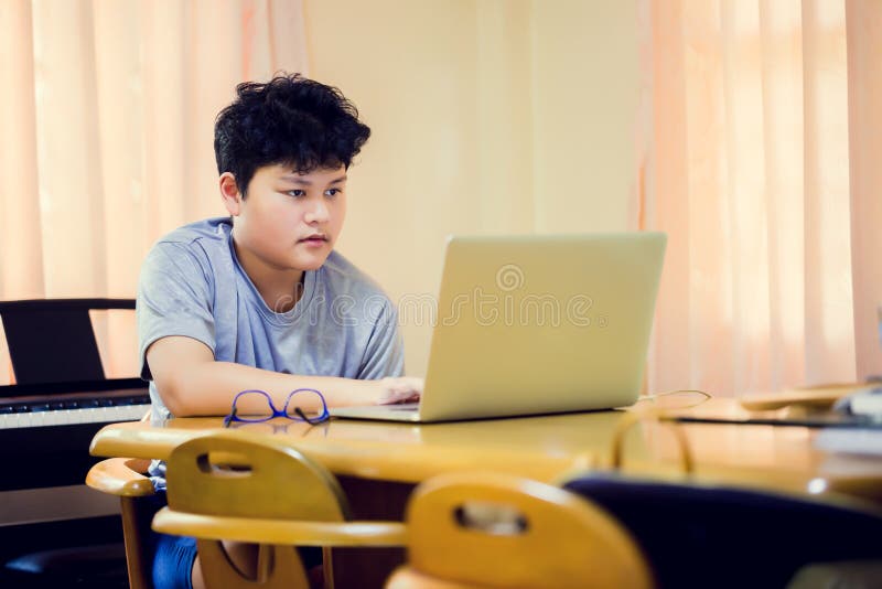 Asian Cute Boy Using Laptop Computer To Learning at Home Stock Image ...