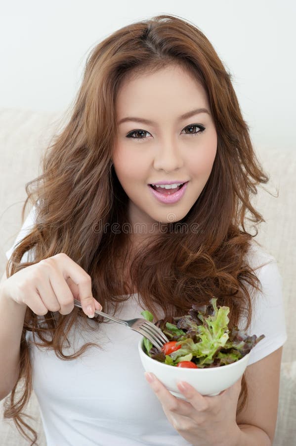 Asian Cute Girl Eating Salad Stock Image - Image of green, looking ...