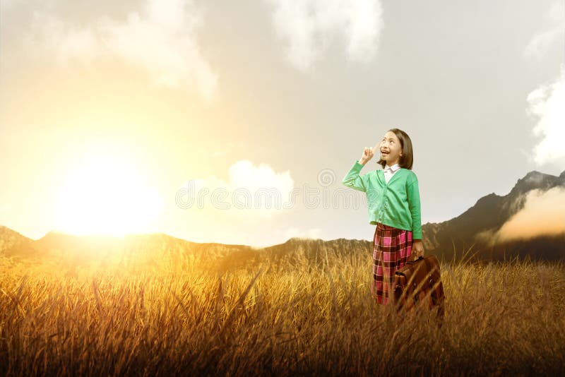 Asian Cute Girl with a Suitcase Think Something Stock Image - Image of ...