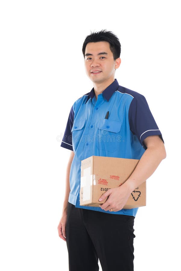 Asian Delivery Young Man in Blue Uniform Smile and Holding Food Boxes ...