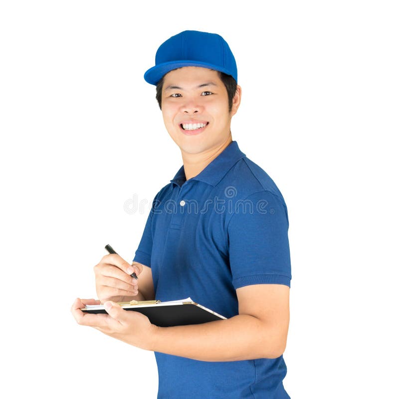 Asian Delivery Man Worker Smiling Using Mobile Scan Barcode for Boxes ...
