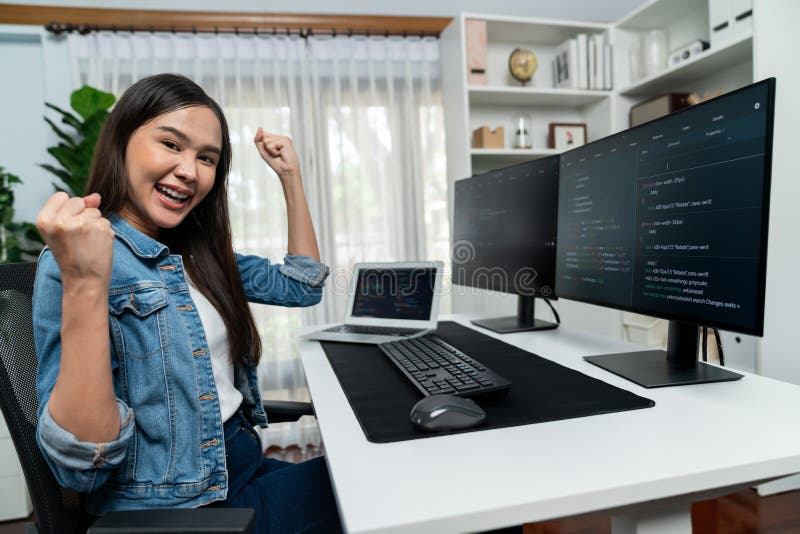 Asian it Developer Creating Raising Fist Up with Successful Project. Stratagem. Stock Image ...