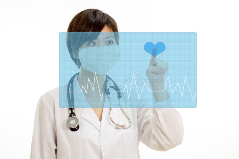 Asian Doctor Pressing Heart Button on Virtual Interface Stock Image ...