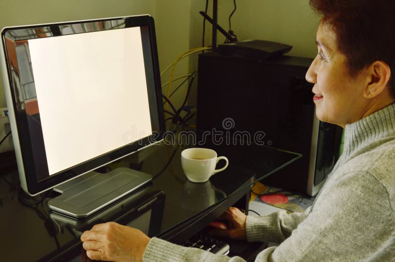 Asian Elder Woman Enjoy Working with Personal Computer Stock Photo ...