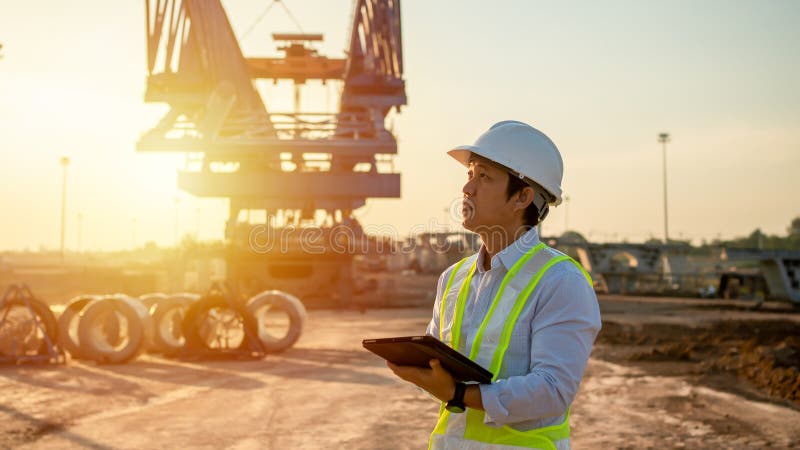 Asian Engineer with Hardhat Using Tablet Pc Computer Inspecting and ...