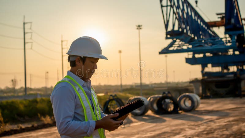 Asian Engineer with Hardhat Using Tablet Pc Computer Inspecting and ...