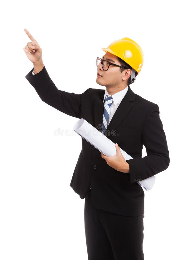 Asian Engineer Man Point Up with Blueprints Stock Photo - Image of hand ...