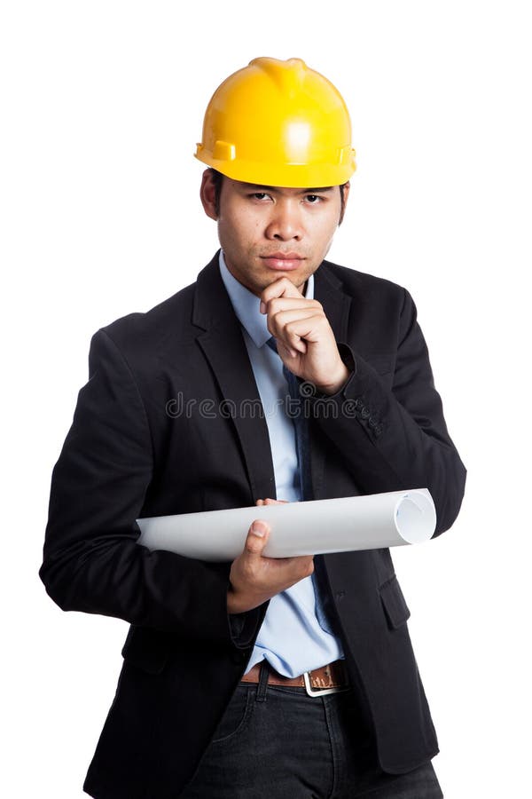 Asian Engineer Man Thinking Hold Blueprint Stock Photos - Free ...